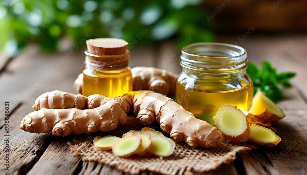 Rustic display of fresh ginger roots and sliced ginger alongside glass ...
