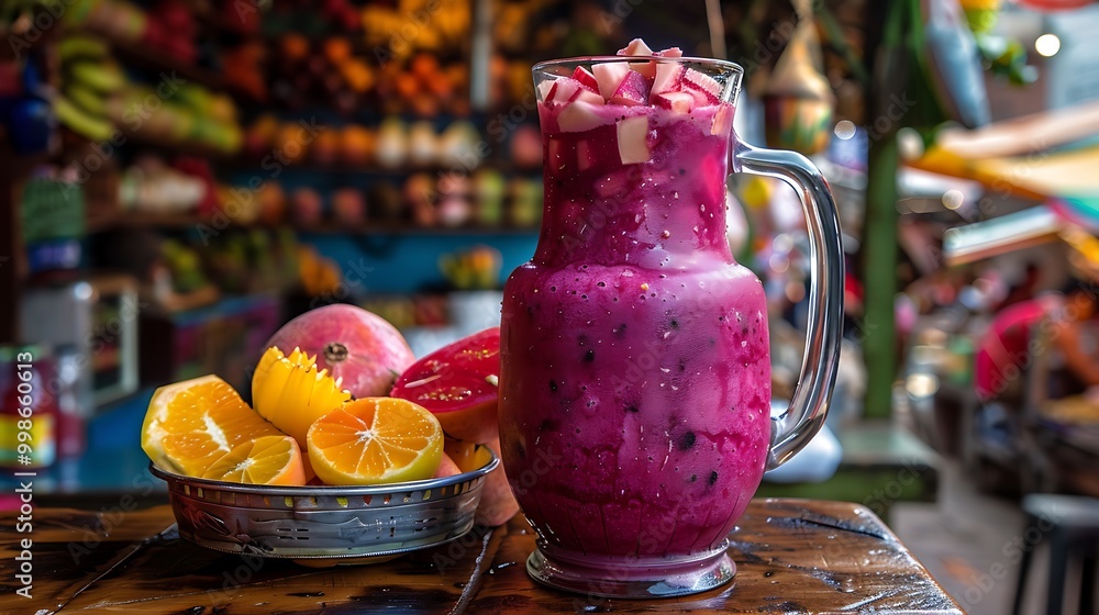 Traditional Peruvian chicha morada served in a pitcher, the deep purple ...