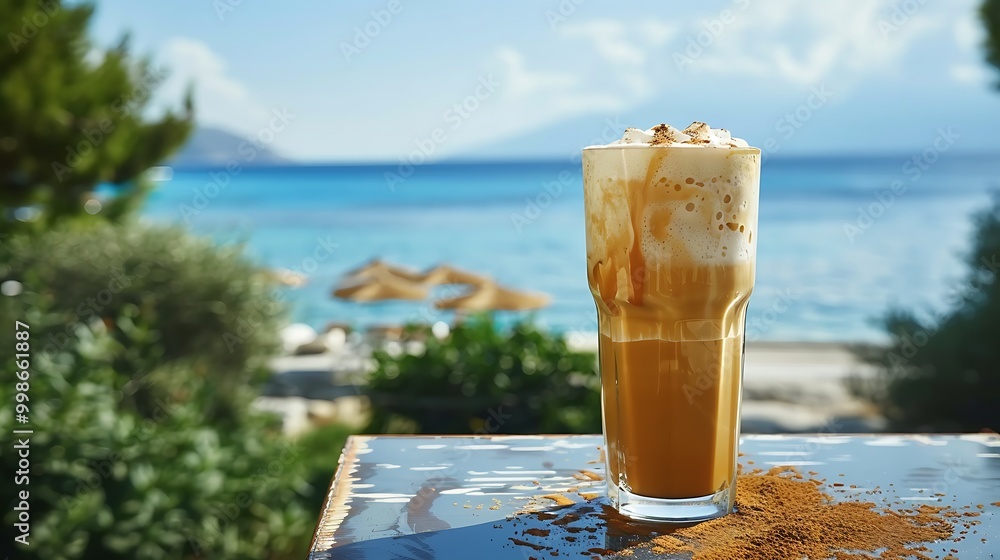 Traditional Greek frappé being shaken in a tall glass, the frothy ...