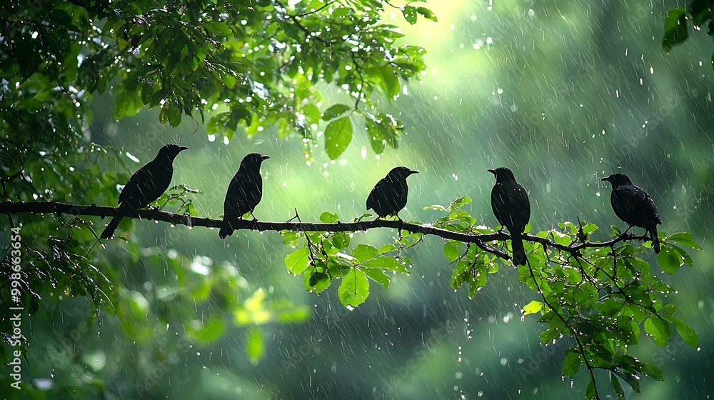 Five black birds huddle on a branch, raindrops falling softly around ...