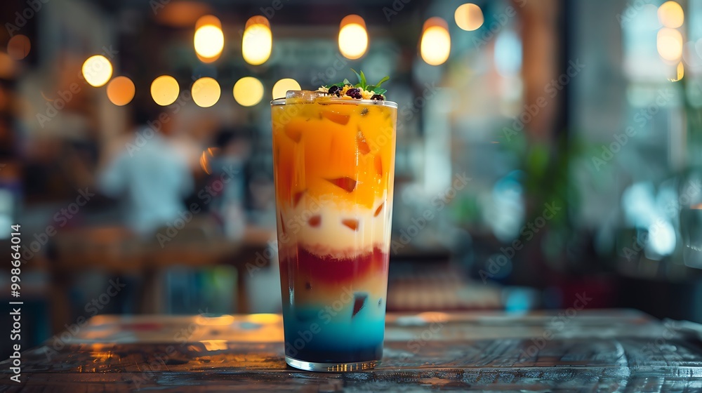 Colorful layered Thai tea with milk served in a tall glass, the layers ...