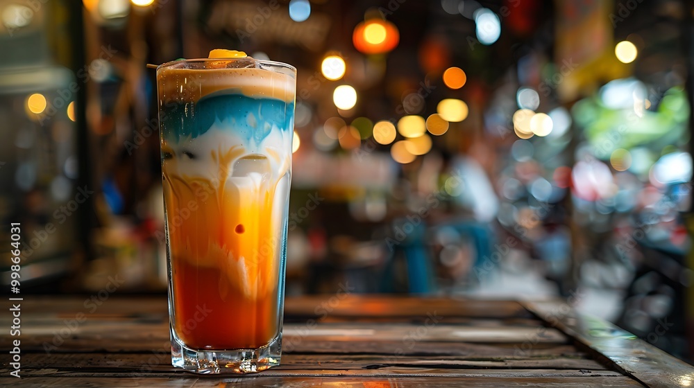 Colorful layered Thai tea with milk served in a tall glass, the layers ...