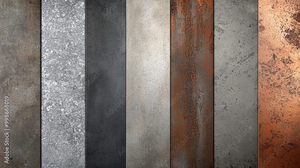 Seven vertical rectangular samples showing different textures of metal ...
