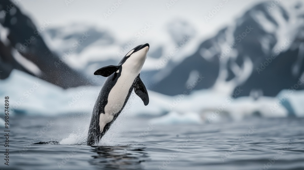 An orca whale magnificently leaping out of the water in an icy ...