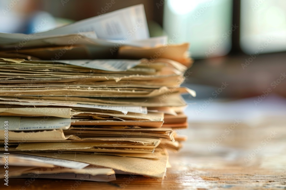 Stack of old paper files gathering dust on a desk, concept of ...