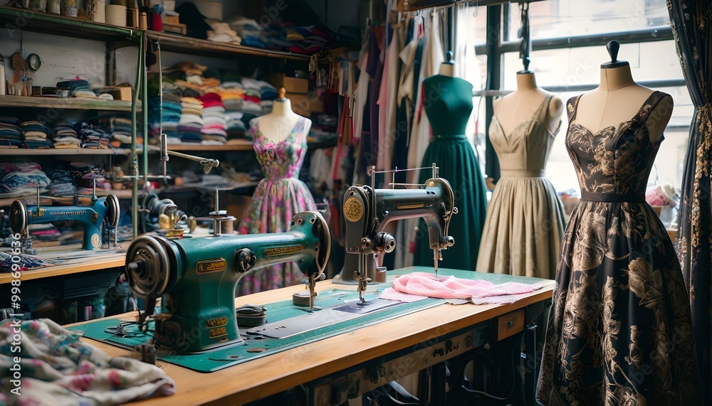 Charming vintage dressmaking studio featuring a classic sewing machine ...