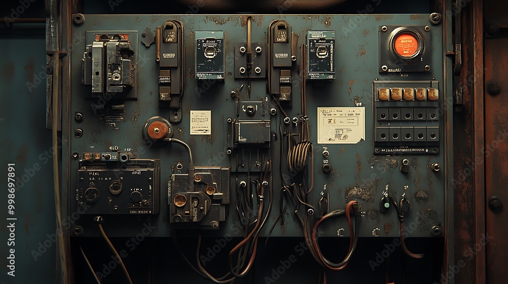 A detailed close-up of an industrial electrical panel, featuring ...