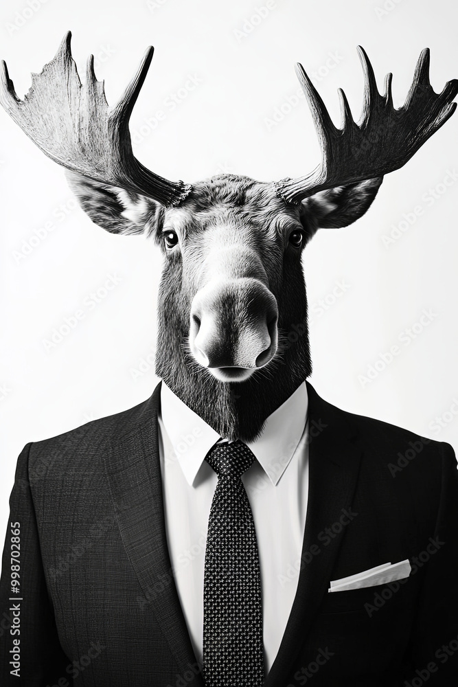 moose dressed in formal suit and tie stands confidently against white ...