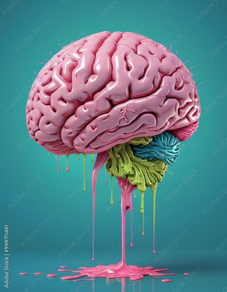 a pink brain with a green and blue brain stem, set against a teal ...