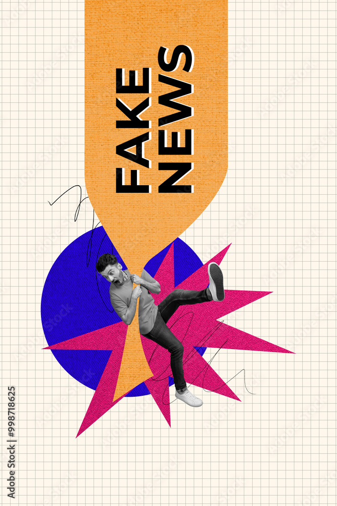 Vertical collage young man falling down fake news propaganda mass media ...