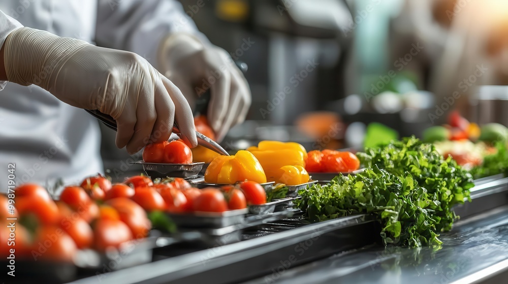 High-speed food production line with robots performing quality checks ...