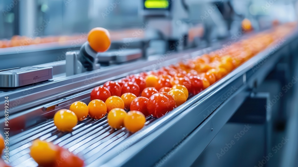 Quality control robots scanning and sorting processed food products on ...