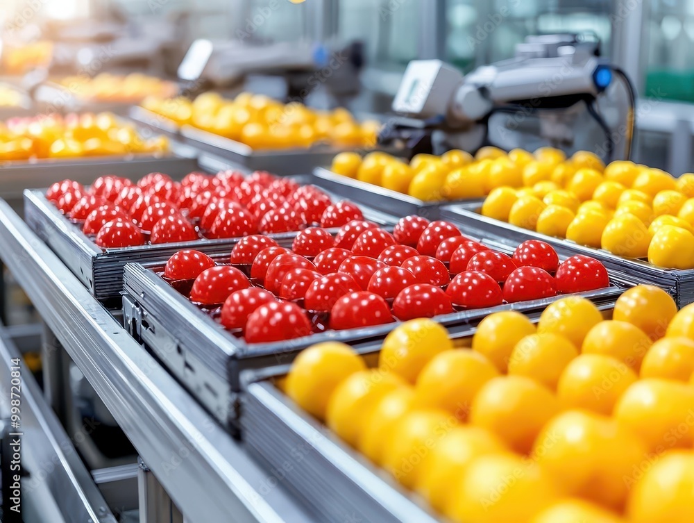 High-tech production line with robotic quality control systems ...
