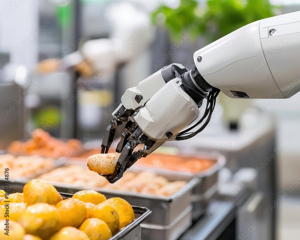 Foto de Robotic arms sorting and packaging processed food, ensuring ...