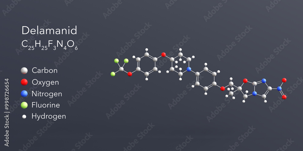 delamanid molecule 3d rendering, flat molecular structure with chemical ...