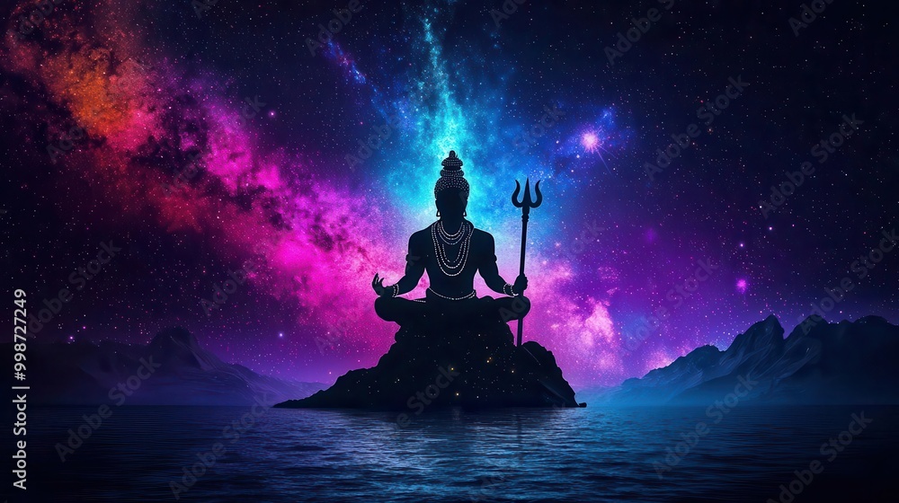 Shiva floating above a cosmic sea, trident sparking with energy ...