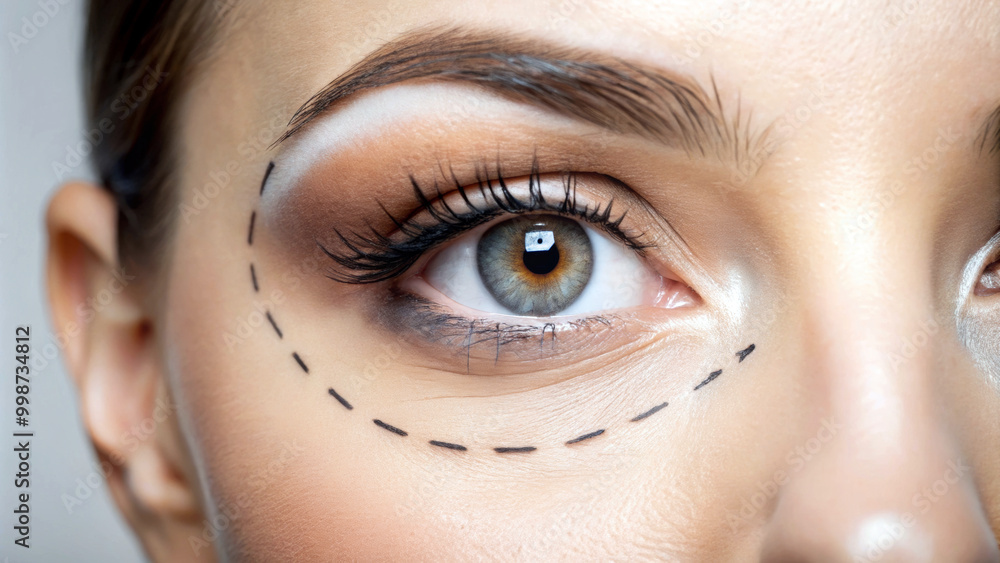 A close-up of a person's eyes features precise makeup, with detailed ...