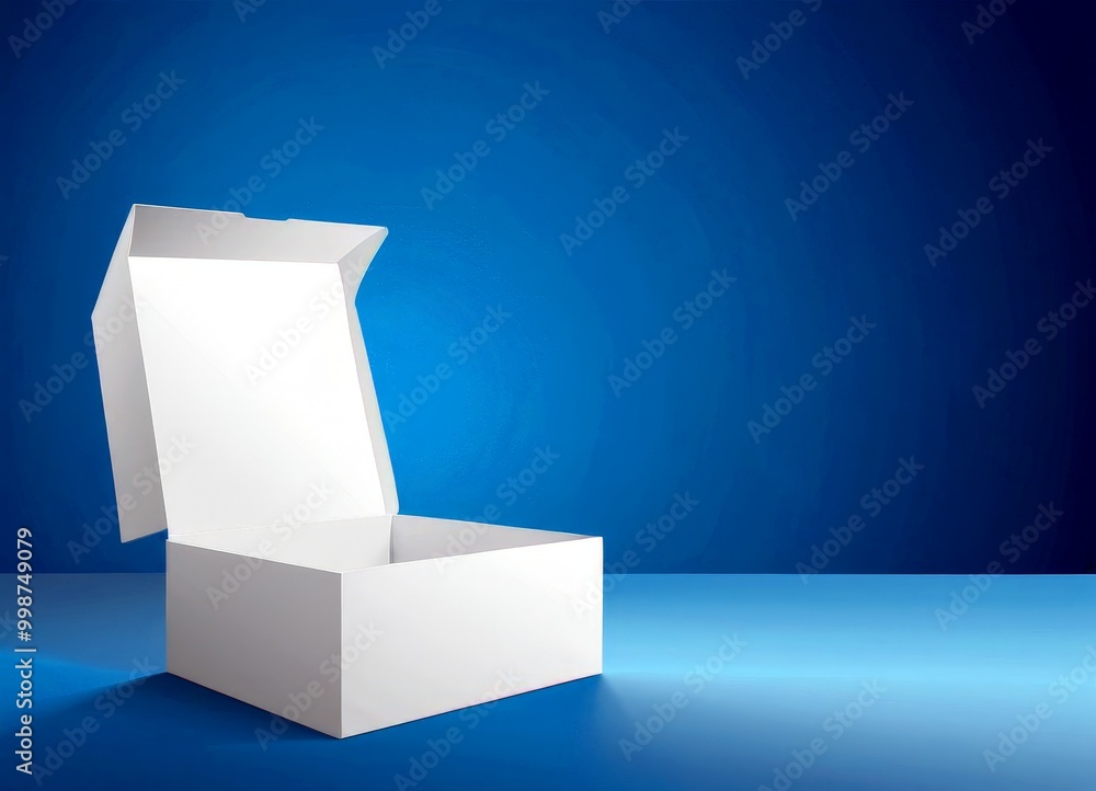 An open white box with a lid sits on a blue surface, with a gradient ...