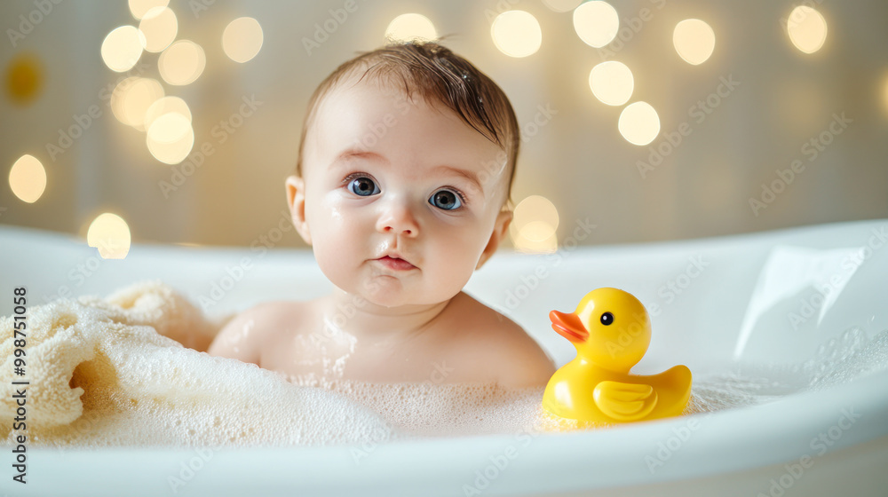 bath time, little caucasian baby taking bubble bath in beautiful ...