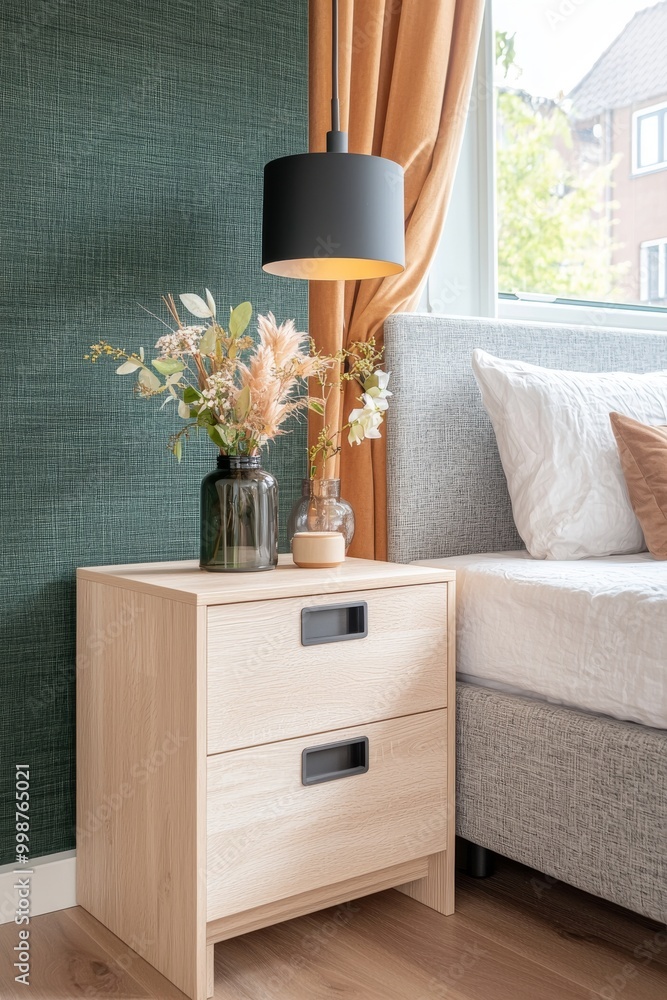 In a modern bedroom with contemporary design, wall decor, and bedside ...