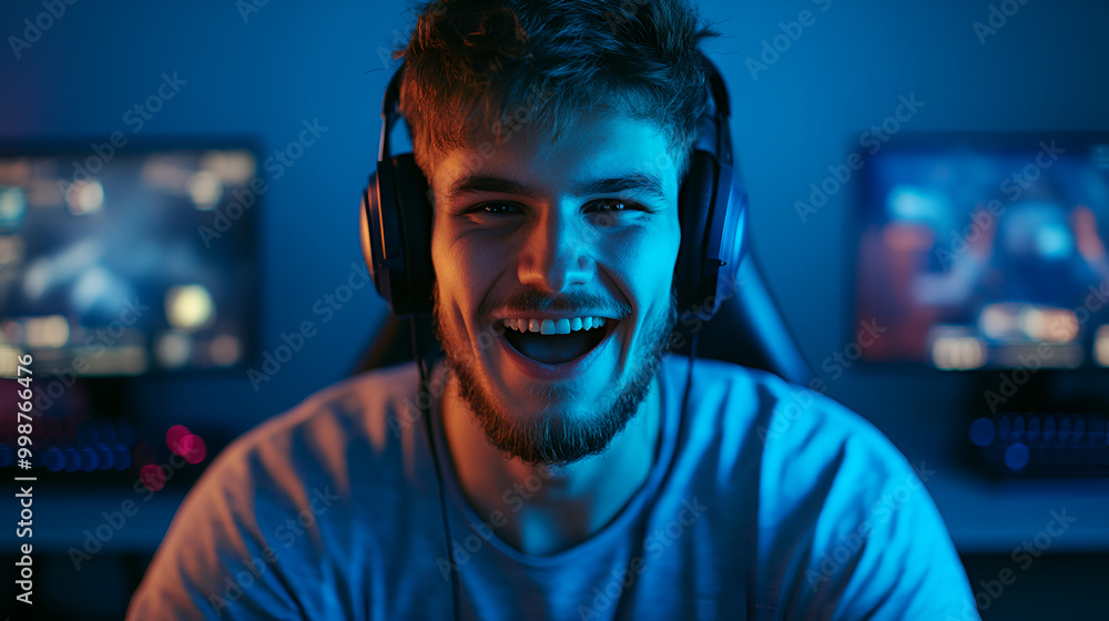 Professional E-Sports gamer rejoices in the victory in blue light game ...