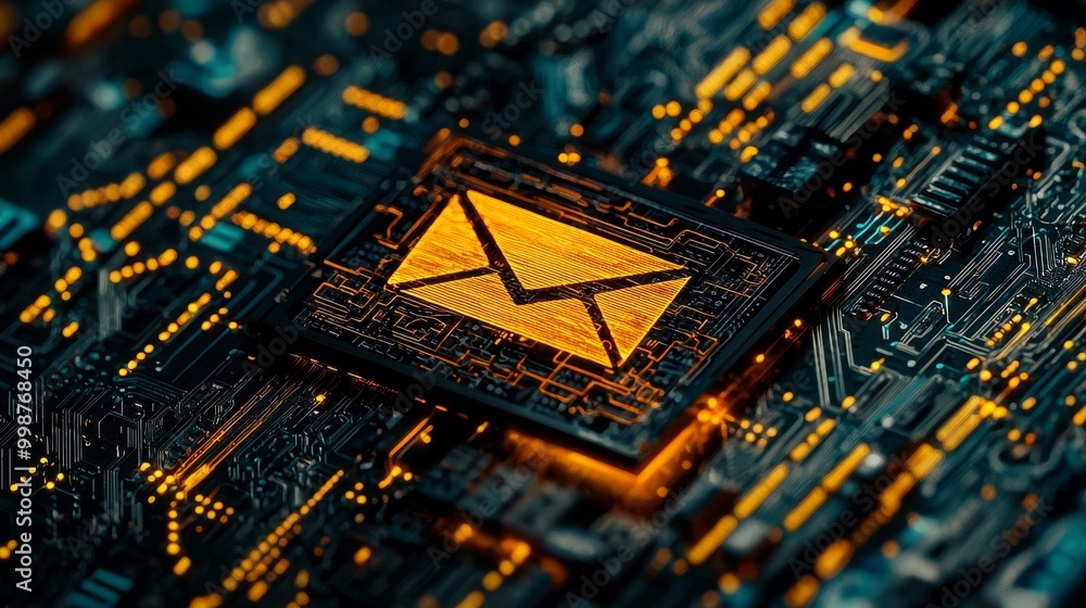 This concept of email technology features an @ symbol on a microchip ...