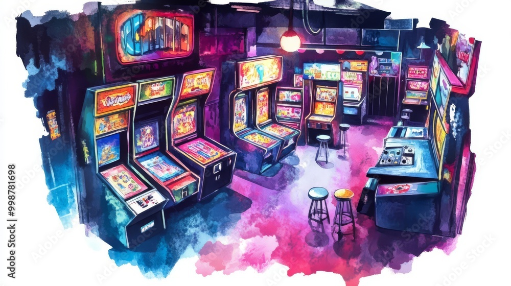 Vibrant arcade scene featuring classic pinball machines and colorful ...