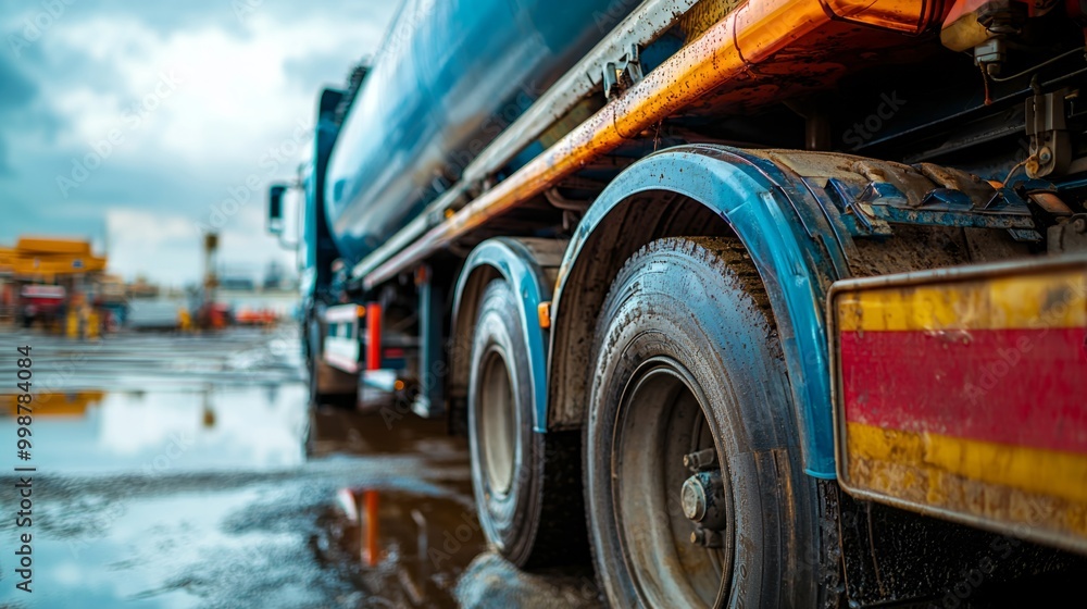 Fuel transport in industrial petroleum plant. Closeup of fuel truck at ...