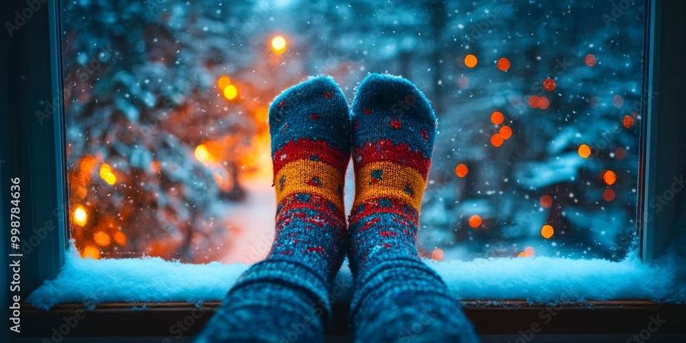 Cozy winter scene with a person's feet wearing colorful socks, propped ...