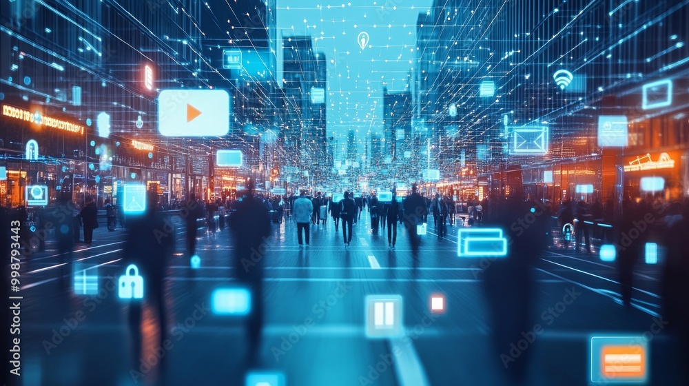 Realistic illustration of a digitally connected world with people, AI ...