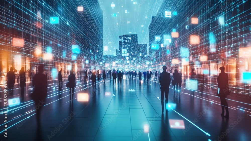 Realistic illustration of a digitally connected world with people, AI ...