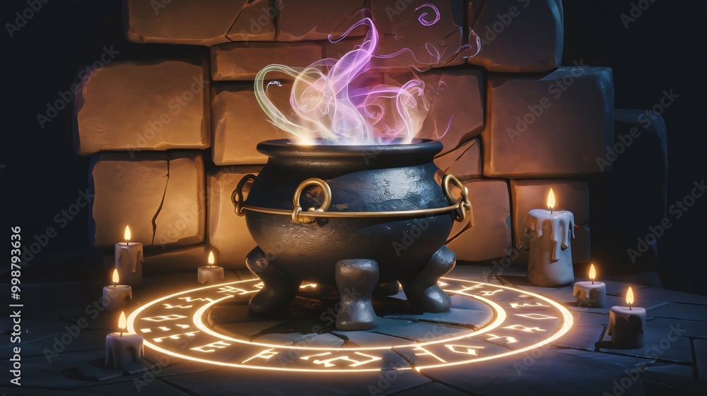 A large black cauldron emitting glowing tendrils of multicolored smoke ...