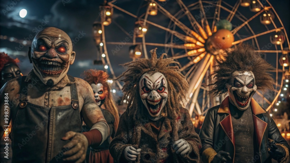 Haunted Carnival An eerie abandoned carnival with broken rides, a dark ...