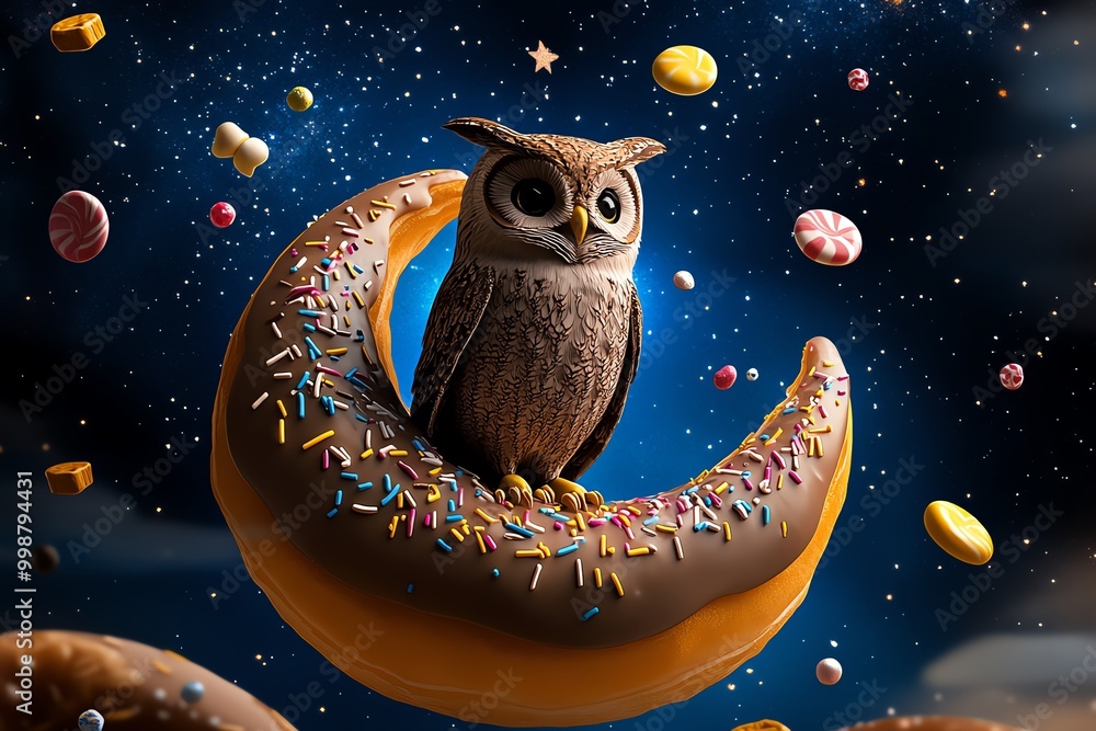 Design a cute owl perched on a giant donut moon in a starry night sky ...