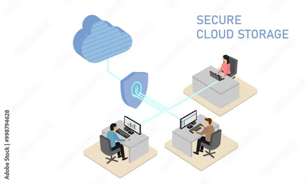 secure cloud storage concept, isometric Three office workers are accessing cloud storage and ...