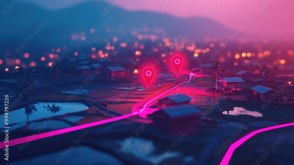 A glowing pink line connects two pink location pins on a map of a rural ...