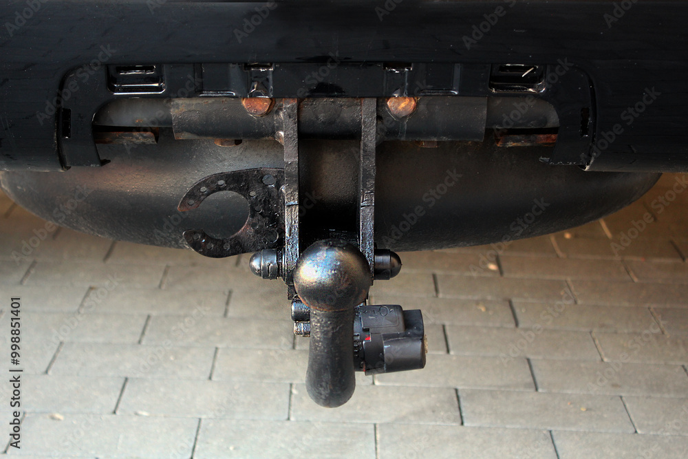 The tow bar of the car. Installing a towbar on SUV. Close up car tow ...