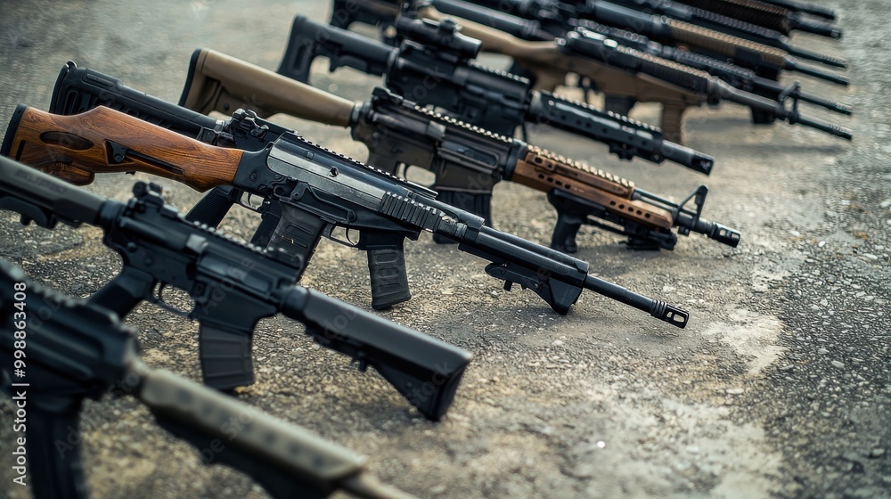 A lineup of various modern assault rifles showcased on a rough concrete ...