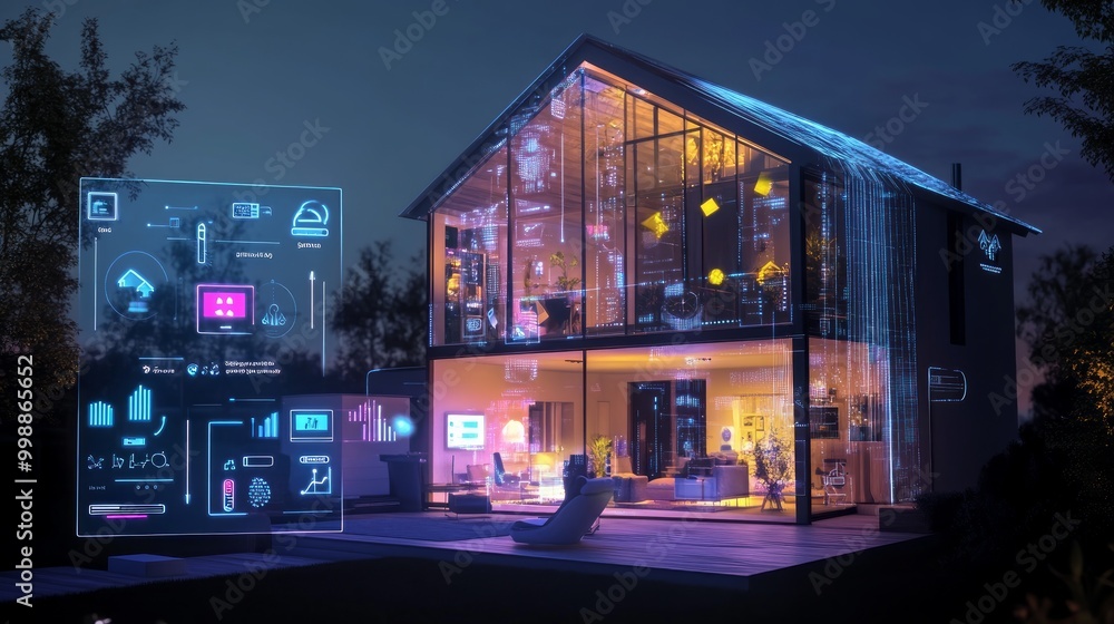 Glowing house hud with diverse icons and home management interface ...