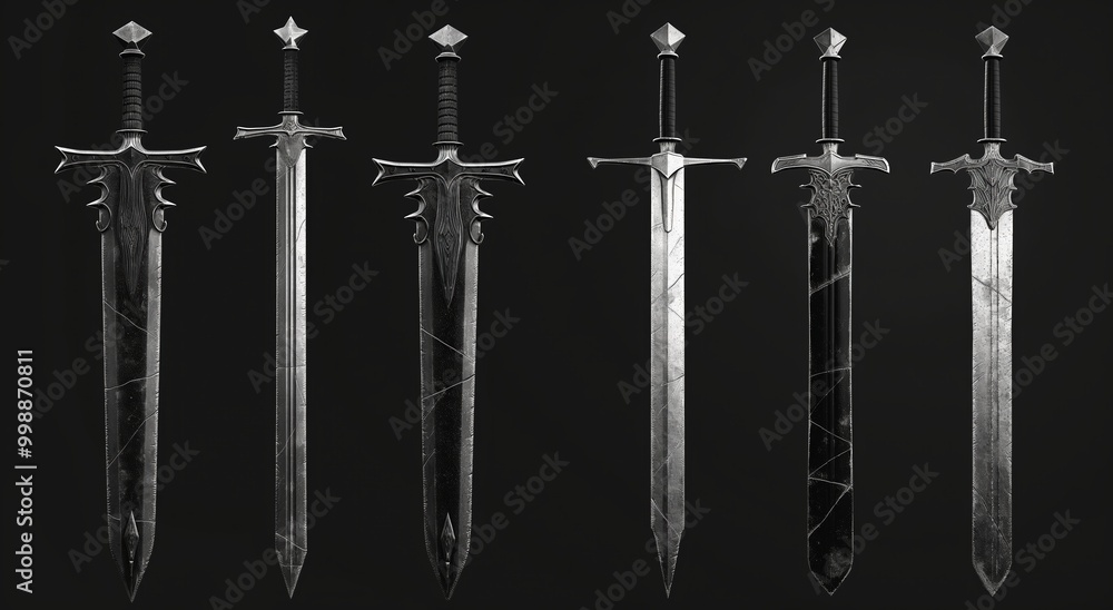 Four swords are shown in a black and white photo, with the first one ...