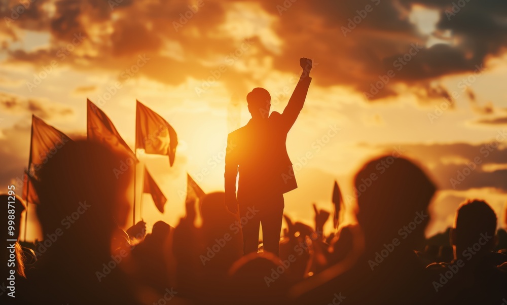 Man is standing in front of a crowd of people, holding his fist up in ...
