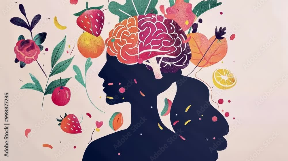 Woman's profile with a brain illustration surrounded by fruits and ...