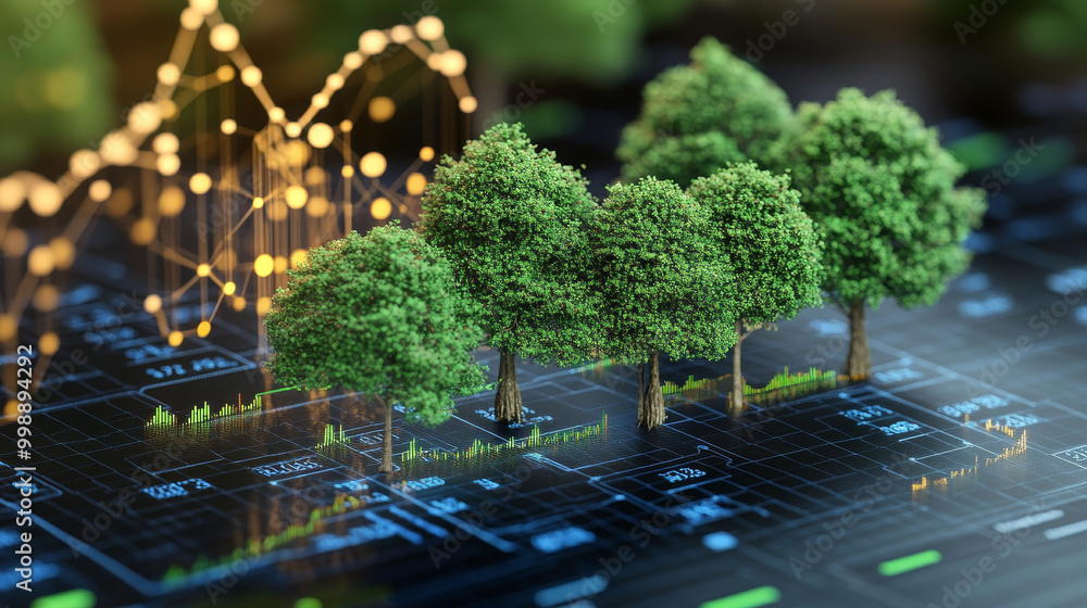 Digital visualization of carbon offset credits featuring trees on data ...