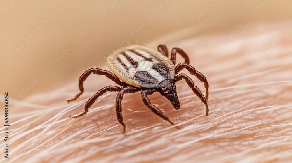 Infected female deer tick on hairy human skin. Ixodes ricinus ...