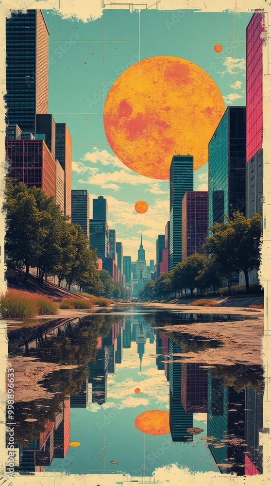 Retro futuristic collage poster. A surreal cityscape with oversized ...