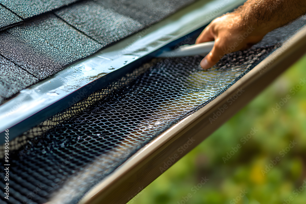 Installing gutter guard mesh screen on rain guttering. Home maintenance ...