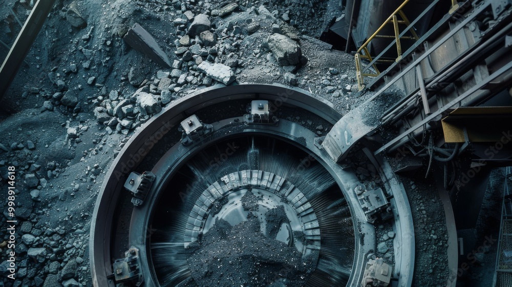 Overhead view of a massive, industrial mining or construction machine ...