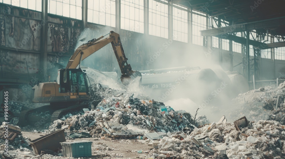 An excavator works amidst heaps of debris in a dimly-lit industrial ...