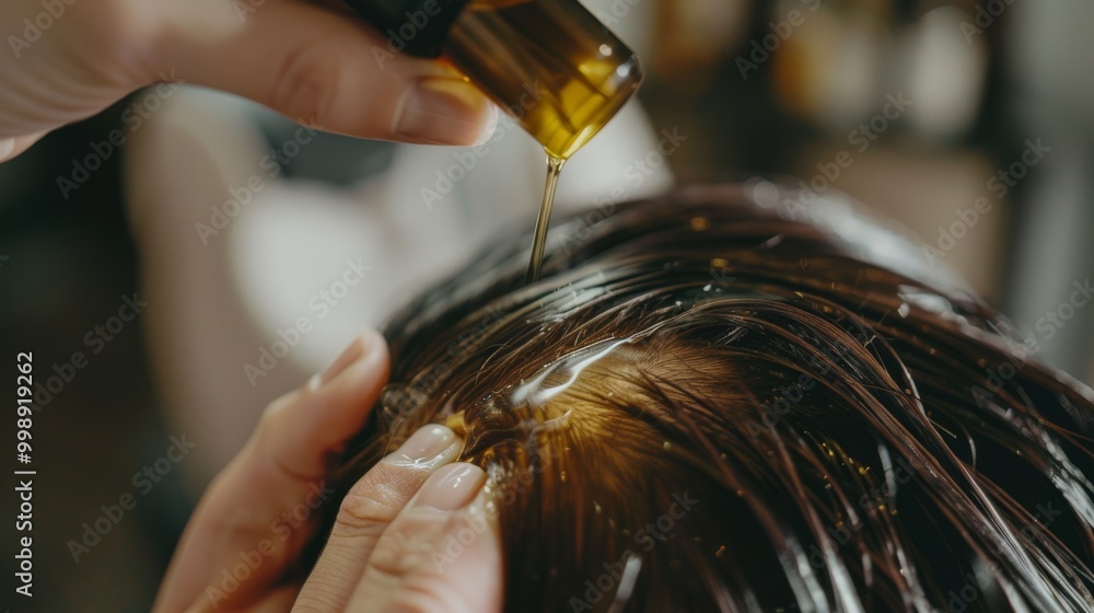 A hand carefully applies nourishing oil to wet hair, ensuring each ...
