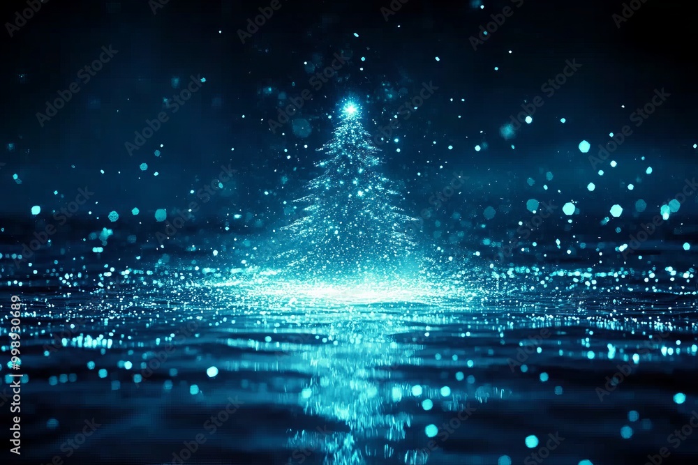 Futuristic digital Christmas tree composed of glowing blue particles ...